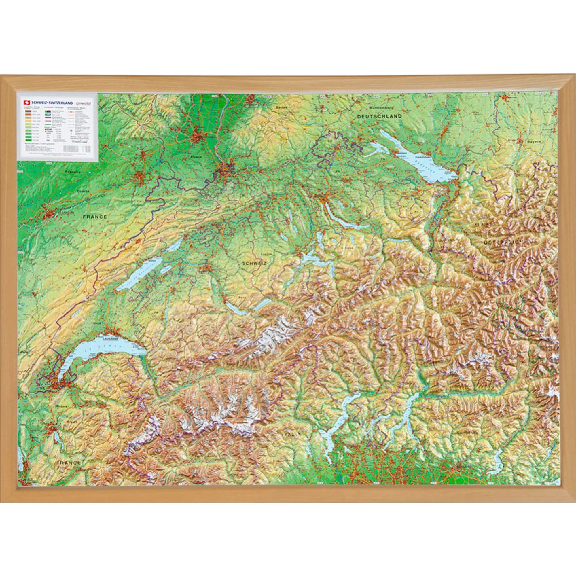 Georelief Mappa Svizzera, carta in rilievo grande con cornice in legno ...