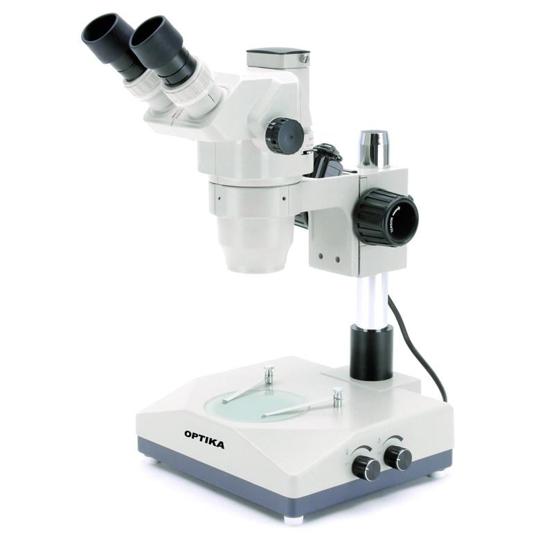Optika SZR-10 trinocular stereo zoom microscope, pillar stand, 2 light ... Optika SZR-10 trinocular stereo zoom microscope, pillar stand, 2 light ...